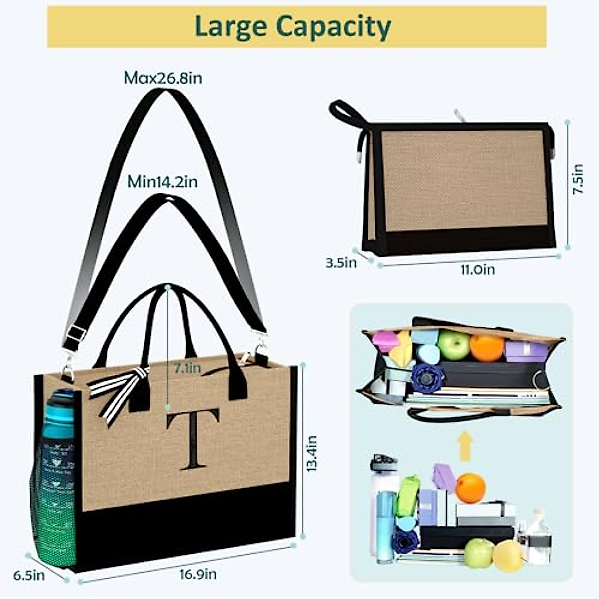 TOPEAST Jute Tote Bags with Zipper Pocket, Initial Embroidery Cosmetic Bag Womens Beach Bag with Adjustable Strap, Birthday Gifts for Girl Sister, Reusable Grocery Bags for Weekend Trips Yoga Letter E