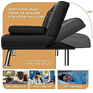YESHOMY Convertible Folding Futon Sofa Bed Sleeper Couch for Living Room Faux Leather Upholstered Loveseat w/Removable Armrests, Metal Legs, 2 Cup Holders, Dark Black