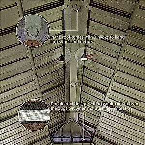 Evedy 12x20FT Hardtop Gazebo,Outdoor Permanent Pavilion with Curtains&Netting,Outdoor Aluminum Wood Grain Gazebos with Galvanized Steel Double Canopy for Patios Deck Backyard,Lawn (Yellow Brown)