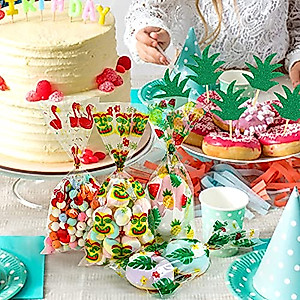 Kesote 100 Pieces Hawaiian Tropical Cellophane Treat Bags, Clear Pineapple Flamingo Goodie Candy Snack Bags Bulk with Twist Ties for Hawaiian Tropical Luau Summer Tiki Bar Party Favor Supplies