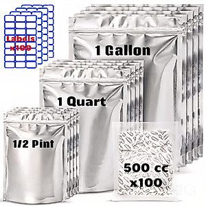 100 Pcs Mylar Bags for Food Storage Zipper Lock - 1 Gallon Mylar Bags with Oxygen Absorbers 500cc - 10 Mil Mega Thick Ziplock Resealable Mylar with 100 Labels