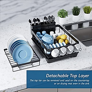 Dish Drying Rack for Kitchen Counter, 2 Tier Dish Rack Large Space Saving Kitchen Dishes Tray Drying Racks with Drainboard, Black Best Dish Drainer Set