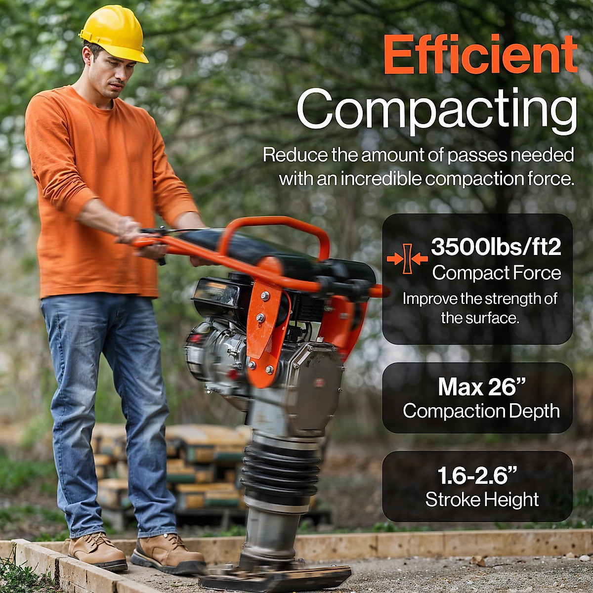 SuperHandy Jumping Jack Tamping Rammer 209cc 7HP 4-Stroke Gas Engine - 3500 lbs Impact Force, 137lbs Weight, 26" Max Compaction Depth, for Soil, Gravel, Footings, Concrete Slabs, and Foundations