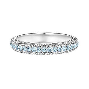 MOONEYE Triple Row 2MM Round Shape Aquamarine Gemstone 925 Sterling Silver Stackable Wedding Band Ring (Silver, 8)