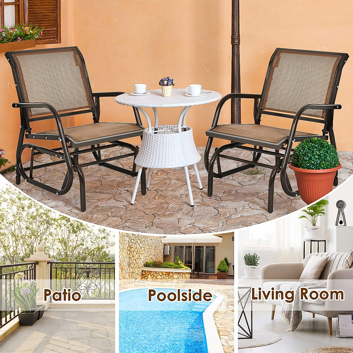 Giantex Swing Glider Chair W/Study Metal Frame Comfortable Patio Chair Love-Seat for Garden, Porch, Backyard, Poolside, Lawn Outdoor Rocking Chair (1, Brown)