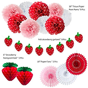 ANSOMO Strawberry Party Decorations Red Pink White Tissue Pom Poms Fans Honeycom Balls Lanterns Garland Classroom Berry Sweet Fruits 1st One Birthday Bridal Baby Shower Décor Supplies Girls