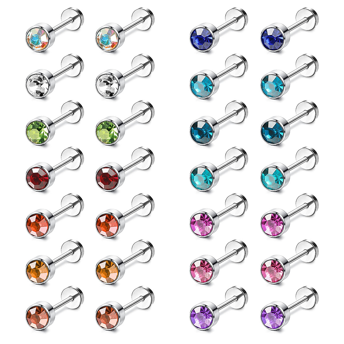 LOYALLOOK 14Pairs Stainless Steel CZ Stud Earrings for Women Men Multicolor Cubic Zirconia Flatback Earrings Pave Crystal Disco Ball Earrings with Flatback Cartilage Helix Earrings Set 20G Style A