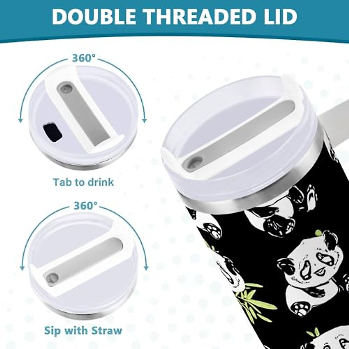 RPLIFE Playful Pandas Black Stainless Steel Tumbler, Insulated Coffee Cups with Lids, Coffee Tumbler for Women