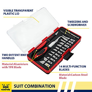 MANUFORE 19pcs Craft Knife Hobby Knife with Anti-Slip Handle Engraving Tool cuchillo de precisión hobby for Art Modeling, Scrapbooking and Sculpture