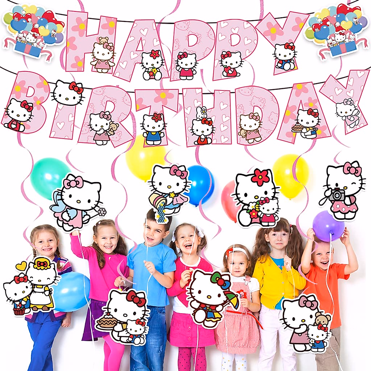 Kitty Birthday Party Supplies Banner and 8*Hanging Swirls for Kitty Birthday Decorations, Kids Boys and Girls for Birthday Party Decorations Happy Theme.
