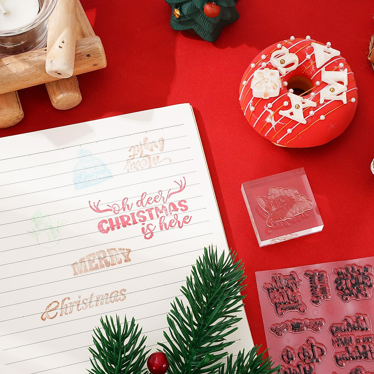 Whaline 4 Sheet Christmas Words Clear Stamps Greeting Words Santa Xmas Tree Pattern Silicone Transparent Stamps Border Stamp Cards for DIY Craft Card Making Scrapbooking Embossing Album Decor