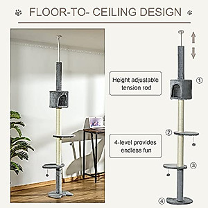 PawHut 85.5" Cat Tree Height Adjustable Floor-to-Ceiling 4-Tier Kitty Climbing Activity Center Condo Cat Toy with Scratching Post Hanging Balls Play Rest Post Pet Furniture Grey