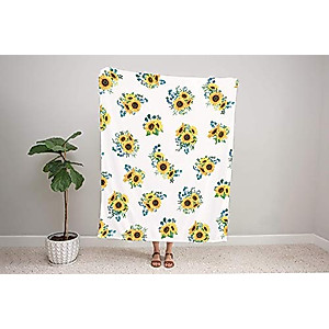 Sunflower Blanket Throw by Little Hill Home - Sunflower Throw Blanket with Greenery - 60"x60" Sunflower Throw Blankets - Super Soft Fleece Plush White Sunflower Blankets for Women Sunflower Gifts