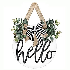 Dahey Hello Sign for Front Door Decor Winter Wreath 12 Inch Round Hanging Door Decor Outdoor Indoor Home Porch Farmhouse Decoration for Christmas Day All Seasons Holiday Housewarming Gift, White