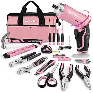 WORKPRO 53-Piece Pink Tool set with Electric Cordless Screwdriver, Basic Tool Kit Set for Women with 13'' Portable Tool Bag for DIY Home Repair/Maintenance - Pink Ribbon