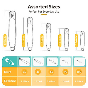 Safety Pins Assorted, 340 PCS Nickel Plated Steel large Safety Pins Heavy Duty, 5 Different Sizes Safety Pin, Safety Pins Bulk, Small Safety Pins for Pinning, Sewing, Jackets, Clothes, Crafts (Silver)