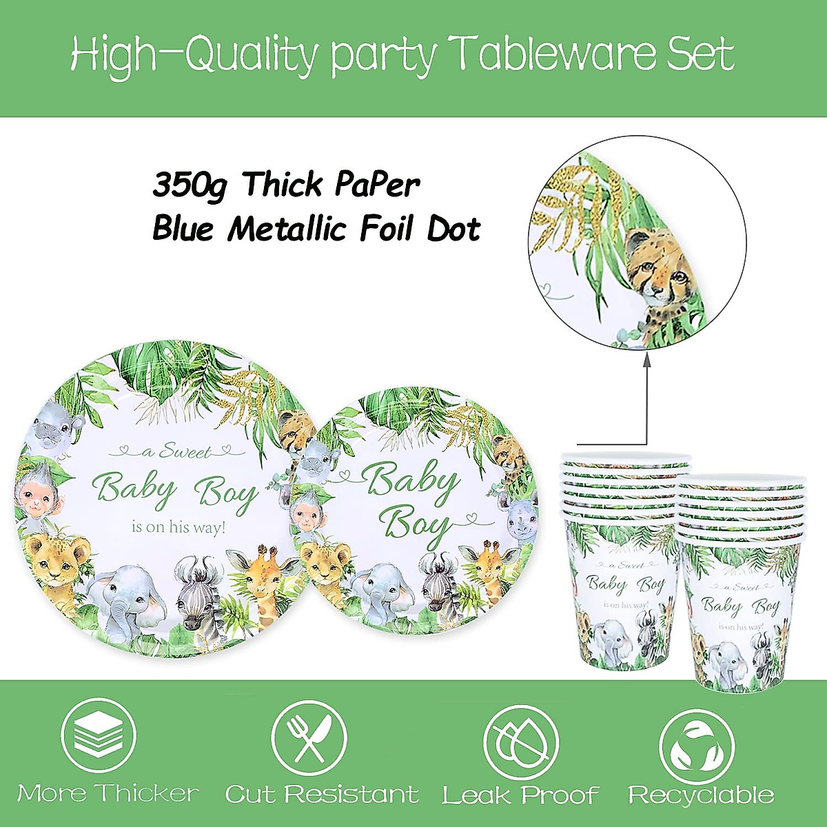 Jungle Safari Baby Shower Decorations Tableware Set Serves 24, Green Animals Paper Plates, Napkins, Paper Cups for Baby Boy Wild One Birthday Baby Shower Party Supplies