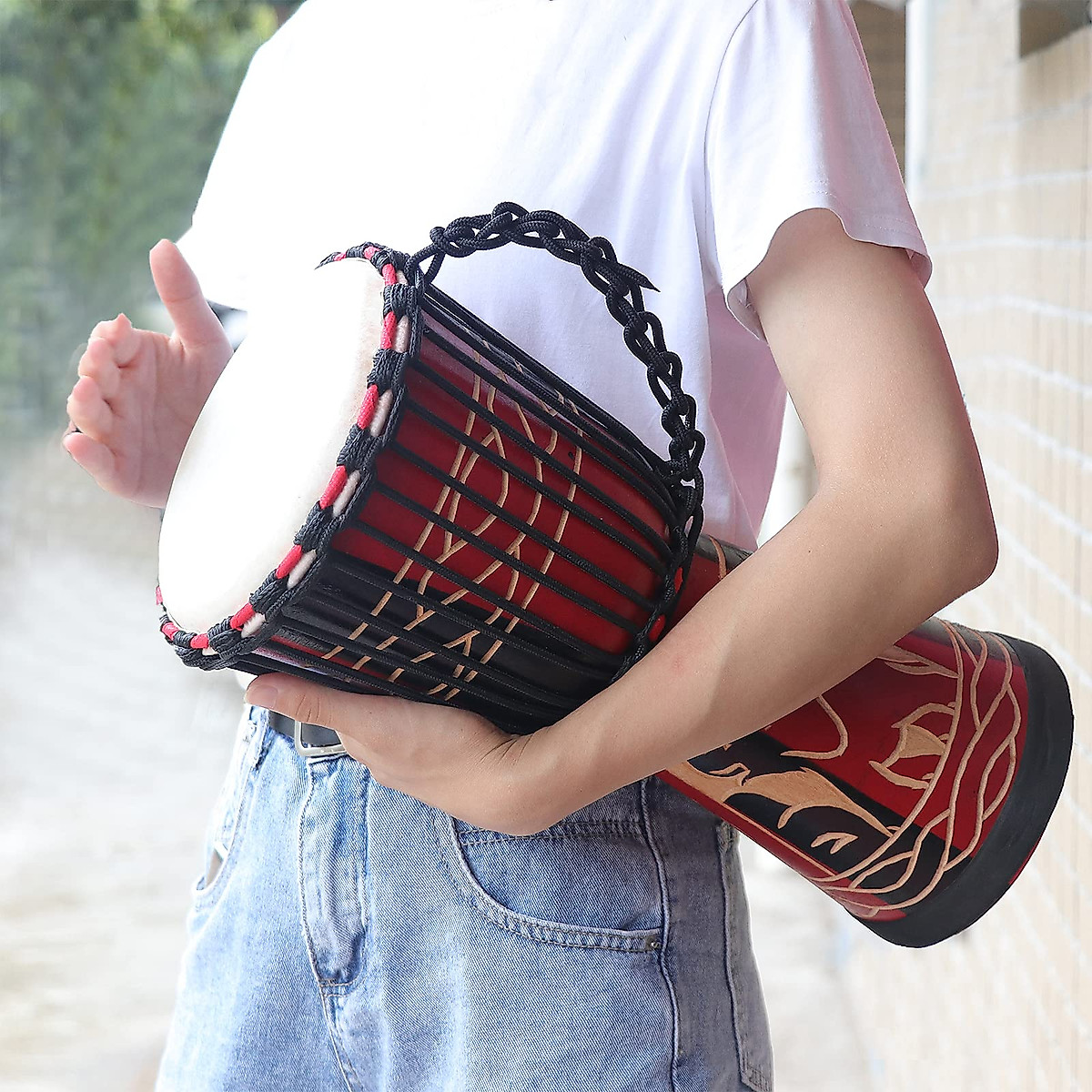Meech Goatskin Cloth Drums Djembe Hand-Painted African Drums Cloth Stitching Djembe Red