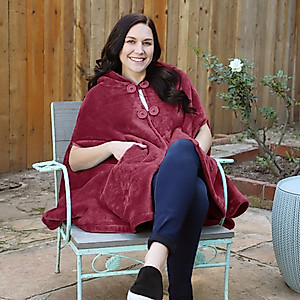 Catalonia Women's Poncho Cape, Sherpa Fleece Cloak Coat, Snuggly Hooded Wearable Blanket, Gift Idea for Mom and Teen Girls