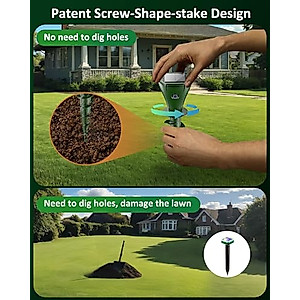 Mole Repellent for Lawns, Solar Powered | Patent Screw-Shape-Stake Design | IP65 Waterproof, Varying Sonic and Vibration to Expel Mole Gopher Snake Vole, for Lawn Garden & Yard (4pc)