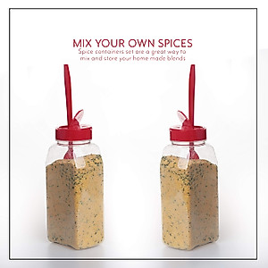 Upper Midland Products 4 Pack 32 Oz Large Spice Seasoning Shaker Containers Jars Plastic With Red Dual Flip Top Sided Lid, 4 Long Spoons And Labels