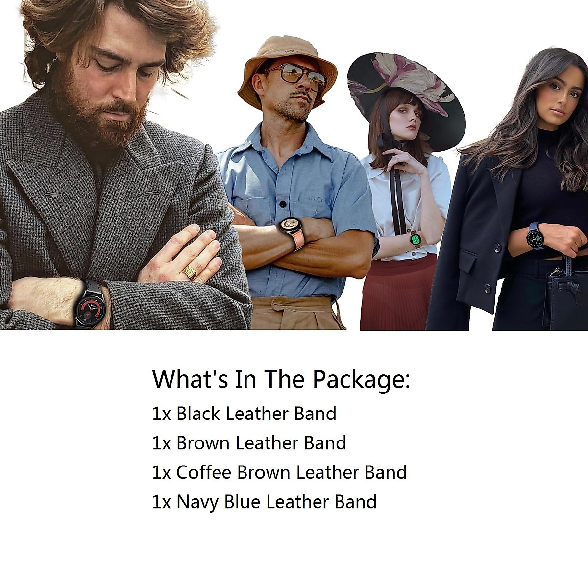 （4 Pack） Leather Band for Galaxy Watch 5 Pro 45mm/4 Classic 46mm 42mm Bands, 20mm Watch Strap Compatible for Samsung Galaxy Watch 5/4 40mm 44mm/Active 2/3 41mm Band, Brown,Coffee,Black,Blue