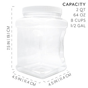 Cornucopia Brands 3-Pack Square 64 Oz 1/2 Gallon Plastic Canisters; 8-Cup Capacity Clear Jars w/ White Plastic Lids & Chalk Labels, BPA-Free Lightweight PET #1 Plastic