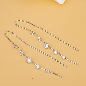 Threader Dangle Earring Long Chain Twist Curved Tassel Earring Star Butterfly Cubic Zirconia Gold Silver Drop Earring for Women Girl (Threader Earring-A)