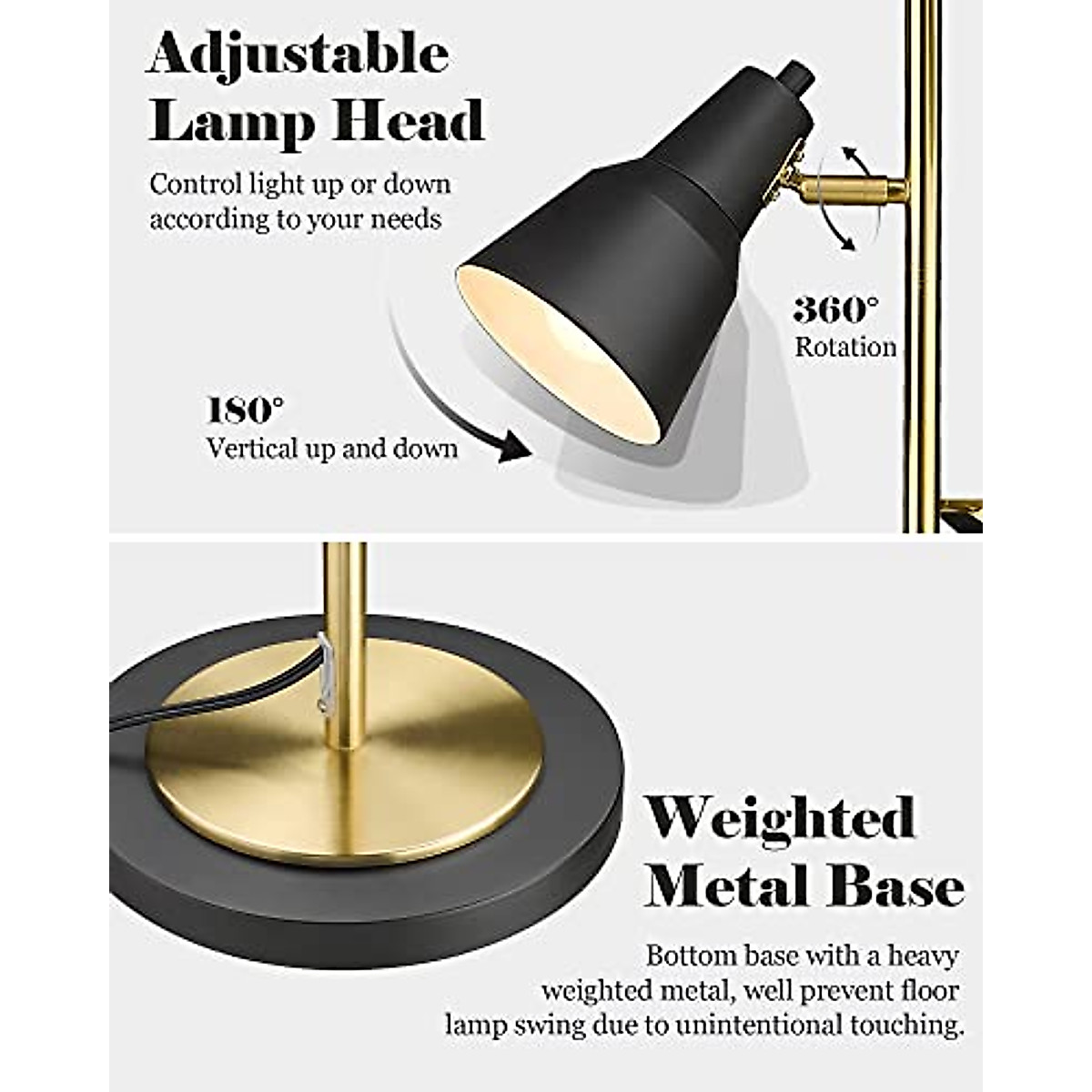 ELYONA Gold Tree Floor Lamp with 3 Adjustable Rotating Lights, Industrial Tall Pole Metal Standing Lights with 3 LED Bulbs for Living Room,Bedroom,Farmhouse,Office,Hotel, Vintage Brushed Brass & Black