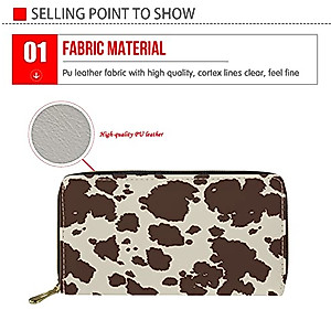 CLOHOMIN Brown Cow Wallet Purse Long Leather Waterproof Cash Card Holder Cute Animal Fur Prints Clutch Purse for Women Girls Holder Zipper Closure Mini Wristlet Coin Bag