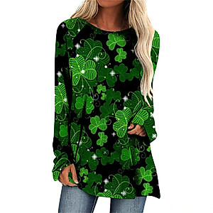 ZEFOTIM St Patricks Day Shirt Women Long Sleeve Lucky Funny Tshirts Plus Size Sexy Irish Shamrock Graphic Tees Spring Fashion Casual Tops 2024 Blouse Pullover Summer Dark Green XXL