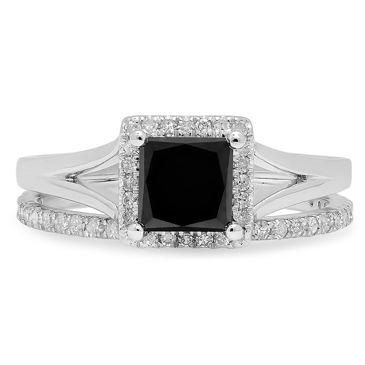 Dazzlingrock Collection 1.80 Carat (ctw) 10K Black & White Diamond Bridal Halo Engagement Ring Set, White Gold, Size 7.5