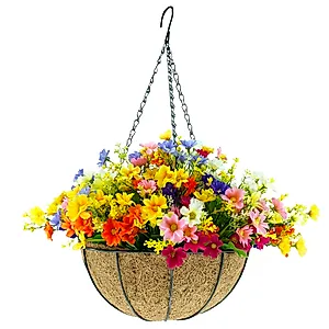Lesrant 12inch Autumn Artificial Flower Hanging Basket,Artificial Hanging Plants Outdoors Fake Flowers Silk Daisy Hanging Flower Basket for Outside Porch Patio Garden Decoration