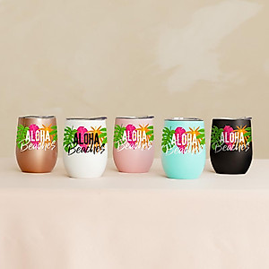 WEDDINGSTAR Personalized Stemless Travel Tumbler 12oz – Insulated Stainless Steel Wine Glass with Lid - Aloha Beaches - White