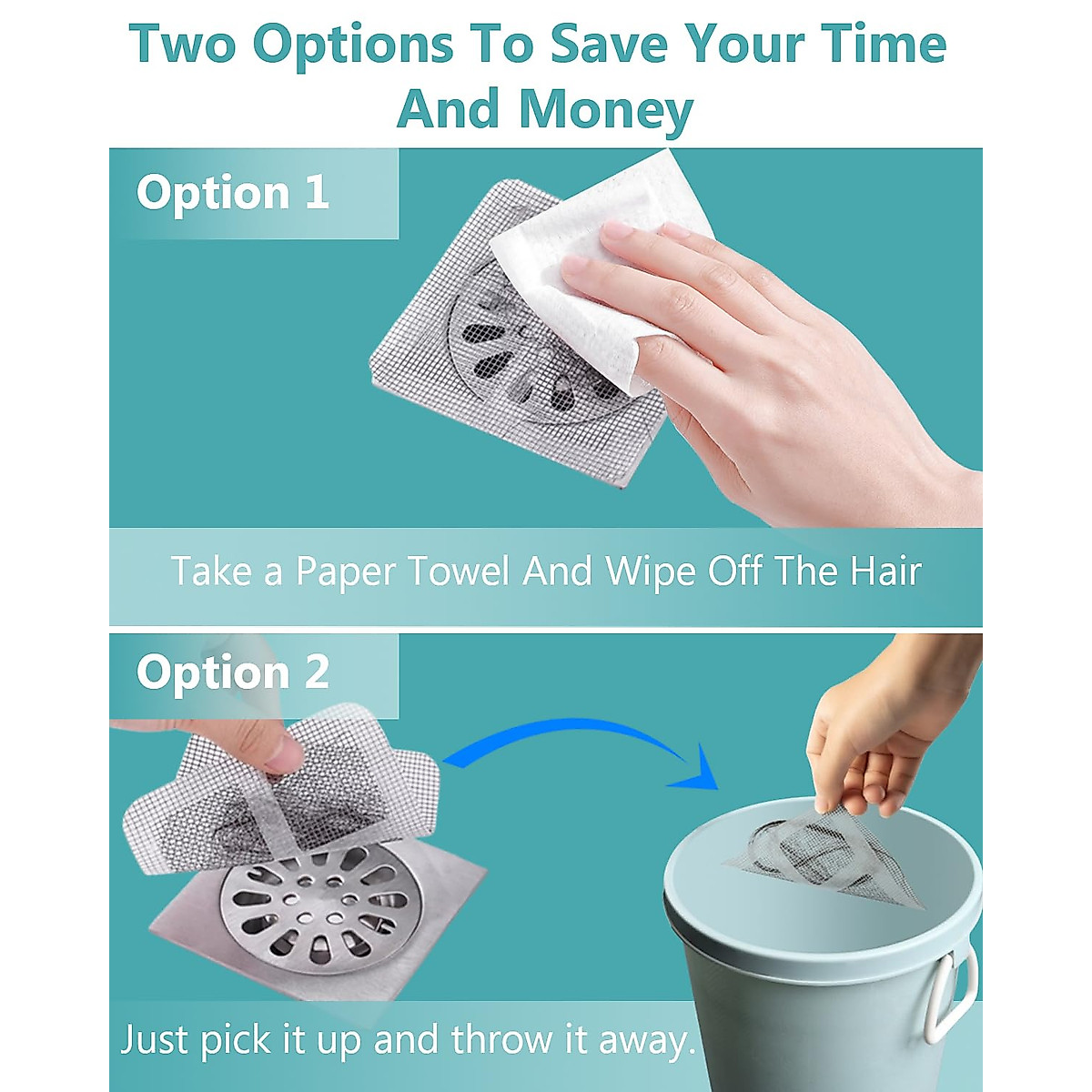 Yempum Disposable Shower Drain Hair Catcher 50 Pack Square Disposable Drain Hair Catcher Drain Covers Bathroom Laundry Bathtub Kitchen Sink Floor Drain Sticker for Human & Pet Hair 4" X 4"