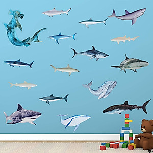 18 Pieces Sharks Peel Shark Wall Decals Removable Wall Stickers Animal Shark Decal Stickers Sea Theme Wall Decor Sticker for Room Bathroom Nursery Home Decor (Cute Style)