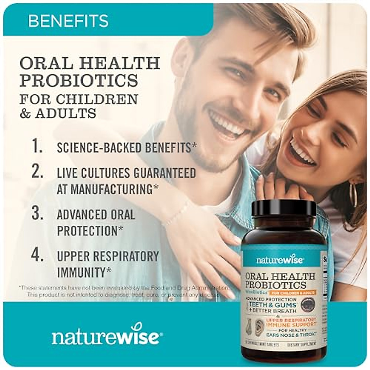 NatureWise Oral Probiotics for Teeth & Gums & Fresh Breath* - Chewable Sugar-Free Mint Tablet - Dental Support for Kids & Adults w/ BLIS K12 & M18 - Non-GMO - 50 Count[50-Day Supply]