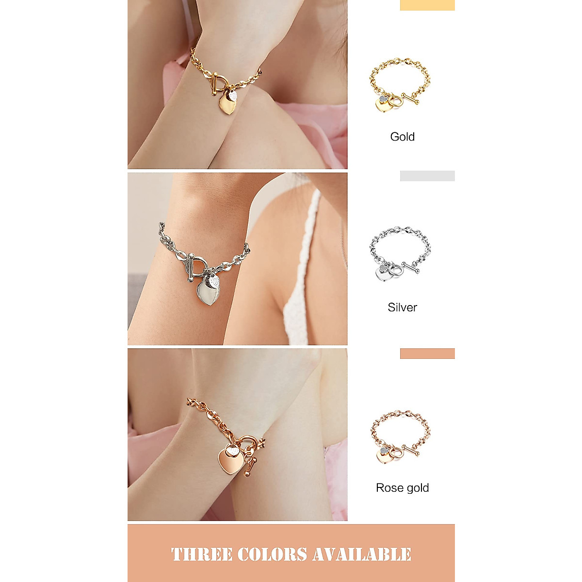 Muyola Women's Stainless Steel Heart Bracelet - Toggle Bracelets For Women - Fashion Zircon Bracelet For Girls - Toggle Clasp - Lover Gift (Silver)