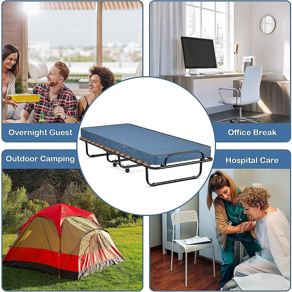 HAPPYGRILL Fold Away Bed, Fold Up Bed with Comfortable Memory Foam Mattress, 4 Universal Wheels, Sturdy Steel Frame,Potable Fold Up Bed for Home & Office, Folding Bed