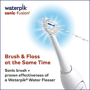 Waterpik White Sonic-Fusion Toothbrush and Heads (Set of 4). Brush and Floss at The Same Time. Soft Bristles Gently Brush While The Water Flosser Removes Plaque and Debris from Teeth and Gumline.