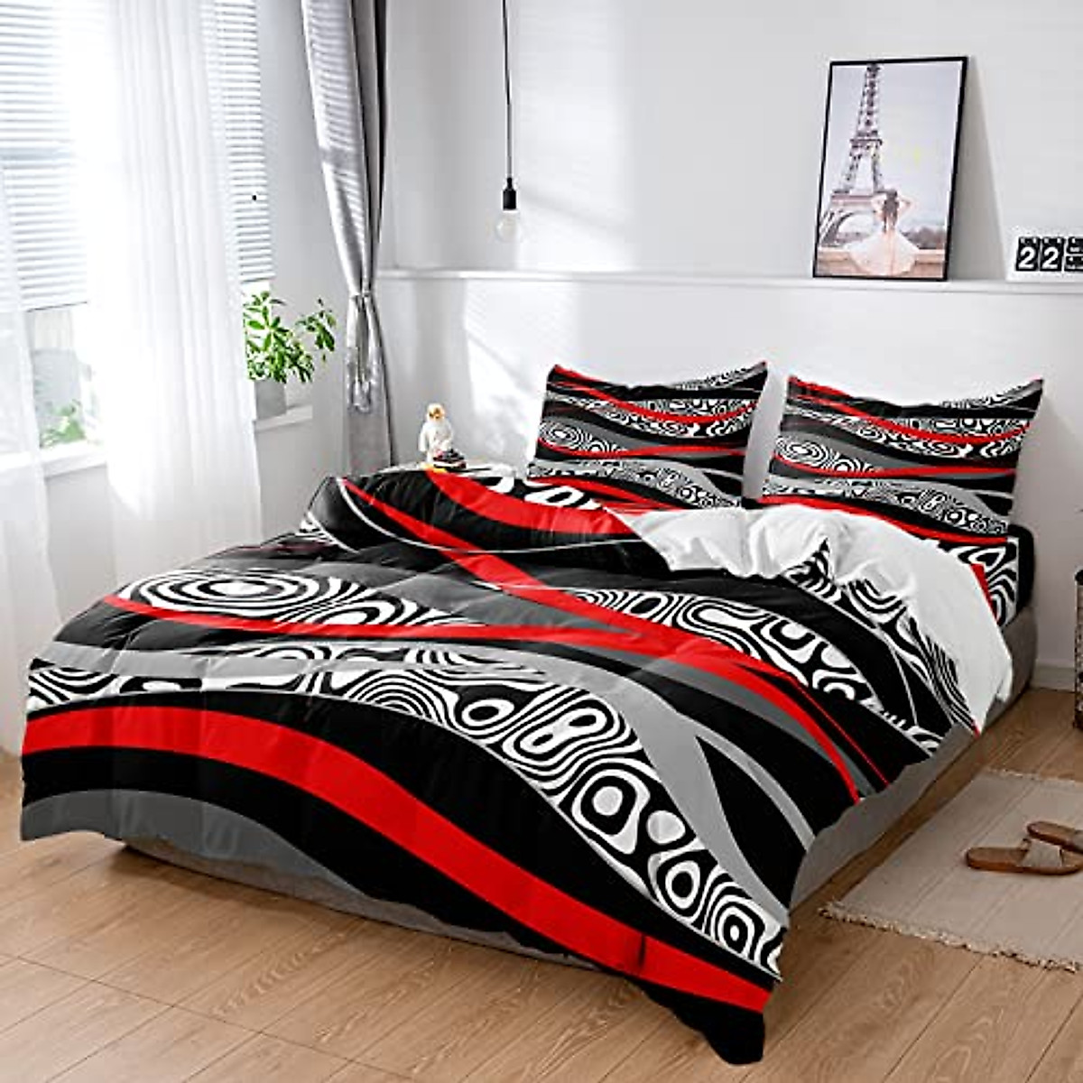 Duvet Cover Queen Size Bedding Set Geometry Abstract Red Black Stripe 4 Pieces Microfiber Comforter Cover Ultra Soft Duvet Covers Bed Sheet and Pillow Cases for Bedroom Zebra Animal Skin Texture