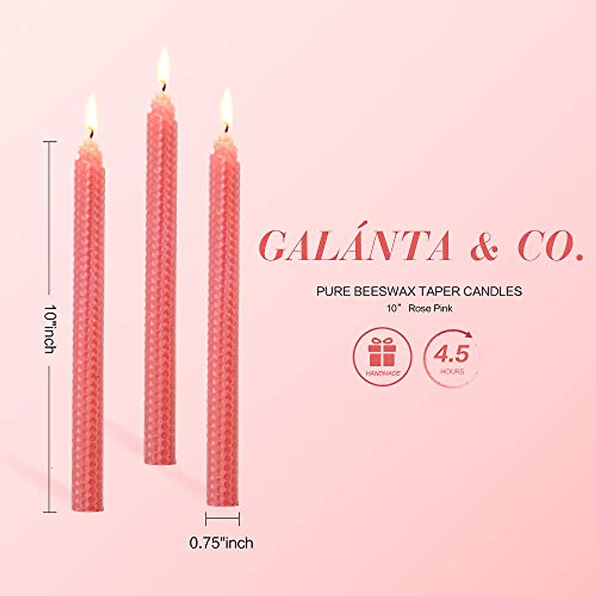 100% Pure Beeswax Handmade Taper Candles (Rose Pink) - 10 Inch Smokeless Dripless Pair - Natural Subtle Honey Smell - Elegant Honeycomb Design — by Galánta & Co.