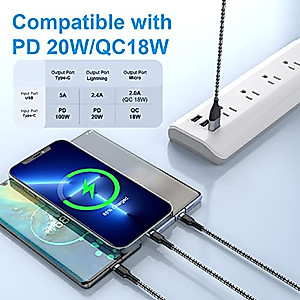 100W USB C Multi Fast Charging Cable, 10FT 5-in-1 PD 66W USB/C to USB C/Micro USB/MFi Certified iPhone Charging Cord Braided Fast Charging Cord Universal Sync Charger Adapter for iPhone/Android/Phone