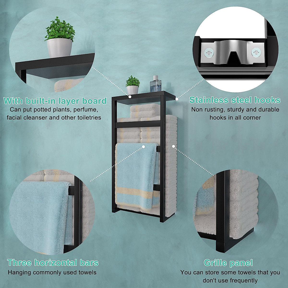 Bamboo Wall Blanket Ladder, 4-Tier Towel Racks, Blanket Holder with Anti-Slip Construction Home Decor, Decorative Blanket, Quilt, Towel, Scarf Ladder Shelves for Bathroom, Living Room, Bedroom, Black