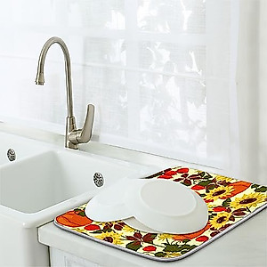 Dish Drying Mat for Kitchen Counter 16x18 Drying Rack Pad Absorbent Microfiber Reversible Kitchen Accessories Fall Pumpkin Sunflower