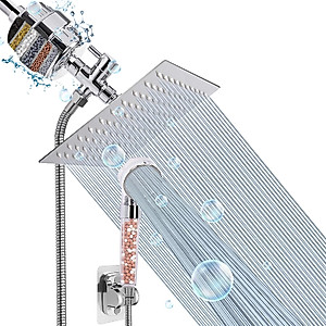 HarJue Filter Shower Head, High Pressure ShowerHead with Filter Combo for Hard Water, Remove Chlorine Fluoride and Harmful Substances- 1 Replaceable Filter Cartridge（8 Inch, Chrome）