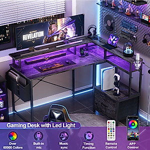 Homieasy Computer Desk with File Drawer Cabinet, L Shaped Office Desk with Printer Stand & Full Monitor Stand, 48 Inch Gaming Desk with Power Outlets Led Light Storage Bag Hanging Hooks, Black Oak