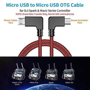 1FT 90 Degree Micro USB to Micro USB Android Phone Tablet OTG Data Cable Right Angle Connector Wire Cord for DJI Spark, Mavic Pro, Platinum, Air, 2 Pro, Zoom Remote Controller Accessories (1 Pack)