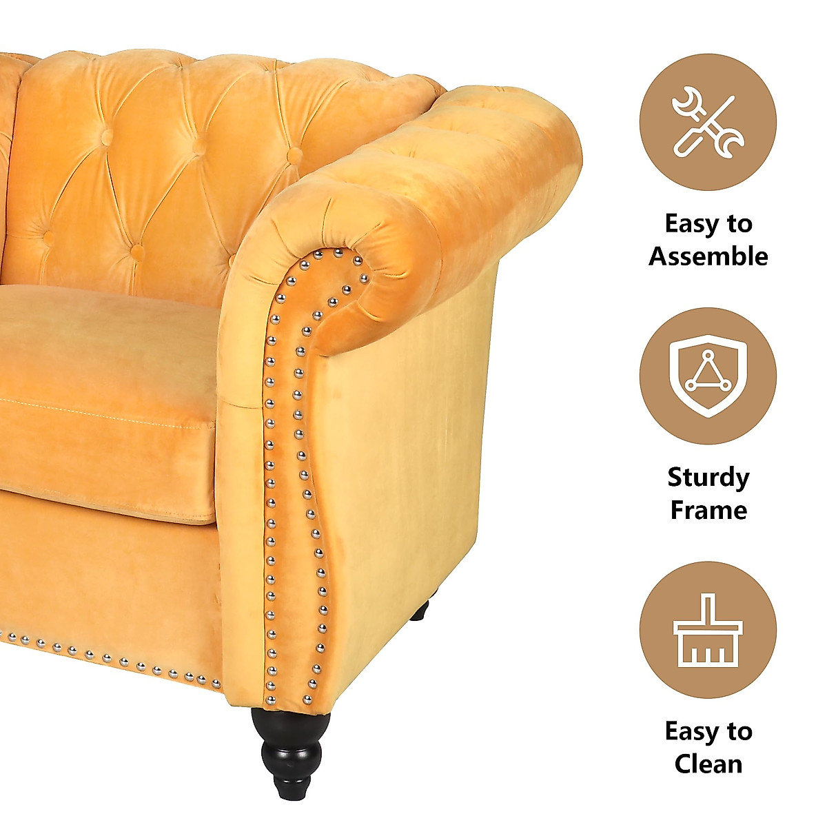QHITTY Accent Large Sofa, Chesterfield Couch 3 Seater Modern Velvet Couch Upholstered Sofa with Tufted Back for Living Room Furniture (Mango)