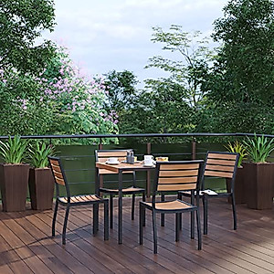 Flash Furniture 5 Piece Patio Table Set - Synthetic Teak Poly Slats - 35" Square Steel Framed Table with 4 Faux Teak Chairs